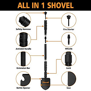 FLYEGO Folding Camping Shovel, Multifunctional Military Shovel Portable Metal Detecting Shovel High Carbon Steel Entrenching Tool for Camping, Car Emergency, Hiking, Garden, Trenching, Backpacking