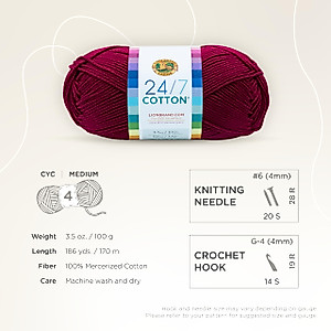 Lion Brand 24/7 Cotton Yarn, Lightweight Yarn for Knitting, Crocheting, and Crafts, Magenta, 3 Pack