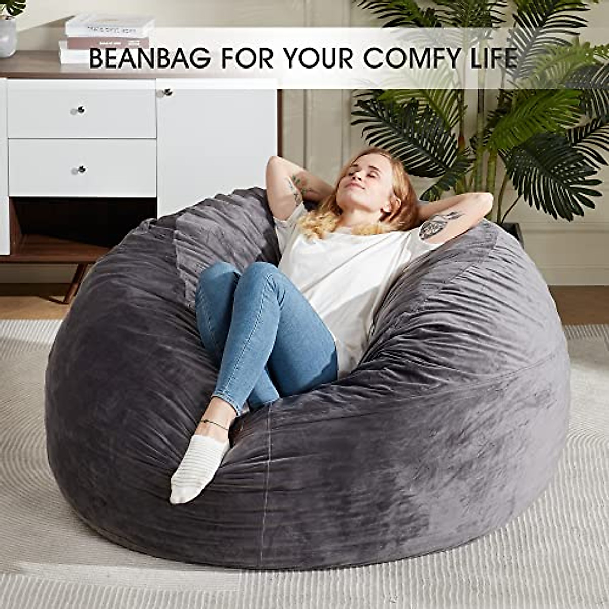 Homguava Bean Bag Chair: 6' Bean Bags with Memory Foam Filled, Large Beanbag Chairs Soft Sofa with Dutch Velet Cover (Grey, 6FT)