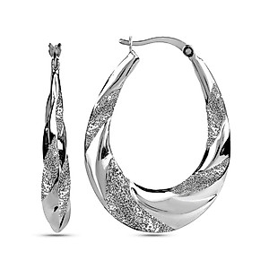 LeCalla Sterling Silver Hoop Earrings High Polish Matte-Finish Textured Shrimp Classic Oval Hoops Earring for Women - 38MM