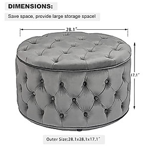 Homebeez Round Velvet Storage Ottoman, Button Tufted Footrest Stool Coffee Table for Living Room (Grey)