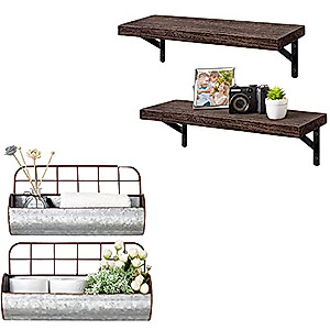 Dahey 2 PCS Farmhouse Galvanized Wall Basket Decor Bathroom Storage Bin Organizer and 2 Pack Rustic Wood Wall Shelves Display Ledge Storage Rack 17 inch