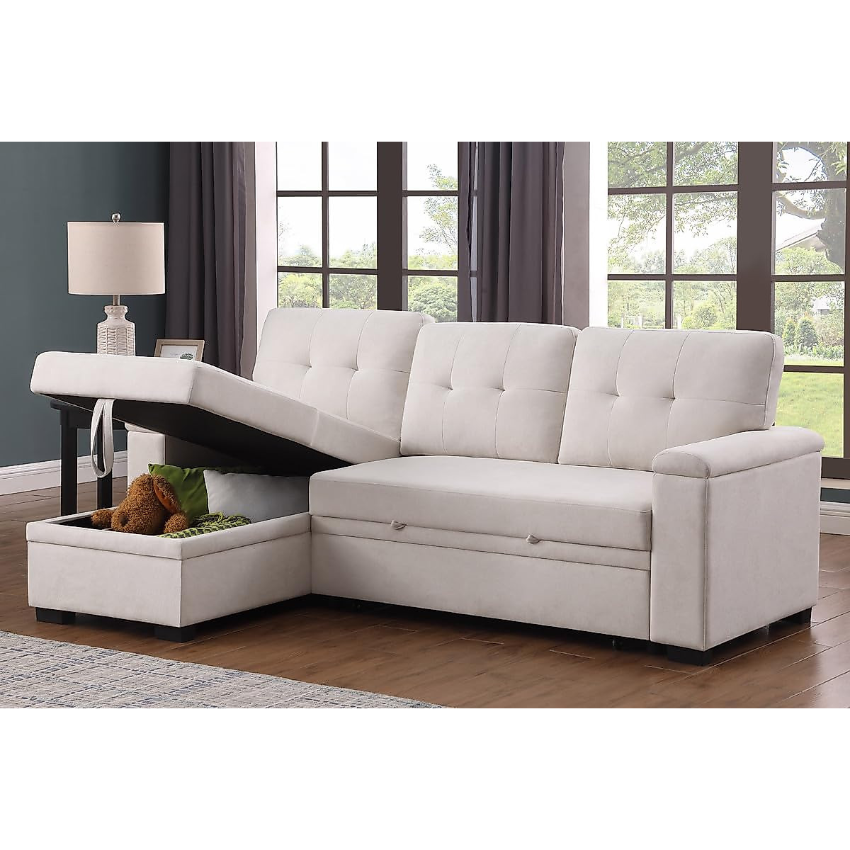 Lilola Home Lucca II 84.5" W Beige Woven Fabric Reversible Sleeper Sectional Sofa with Storage Chaise and Pocket Coil Seating