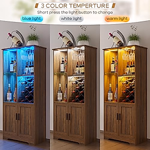 Kasibie Wine Cabinet, Wine Bar Cabinet with LED Lights, Liquor Cabinet with Glass Holder Wine Rack, Farmhouse Modern Liquor Cabinet with Storage for Home (Brown)