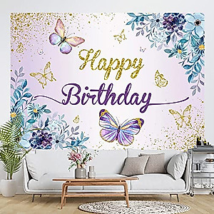 7x5ft Butterfly Happy Birthday Backdrop Purple Butterfly Kisses and Bday Wishes Butterflies Blue Floral Gold Spots Flowers Photography Background for Princess Girl Party Decoration Banner Photo Booth