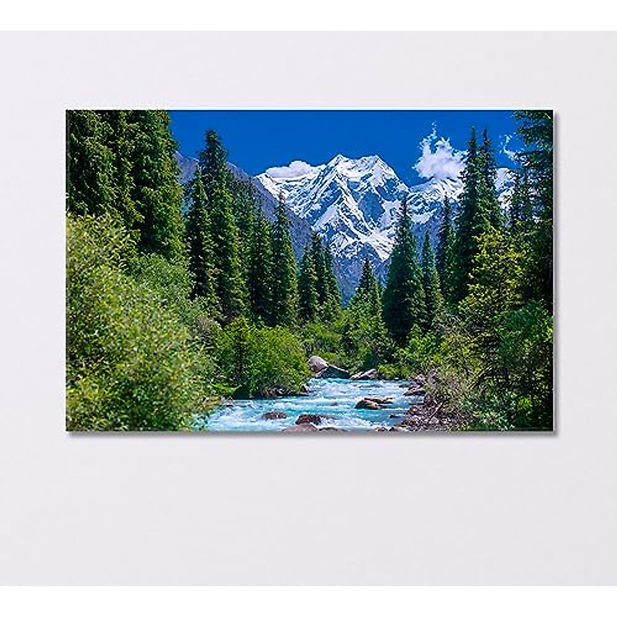 Spruce Forest near a Stormy River and Snowy Mountains Kyrgyzstan Canvas Print 3 Panels / 36x24 inches