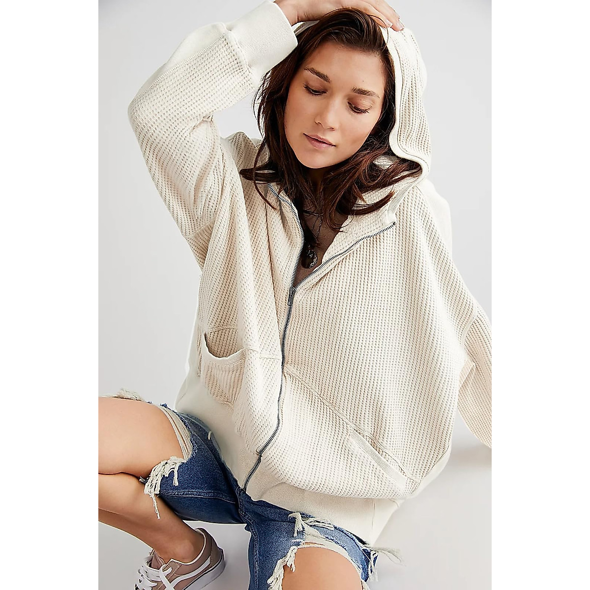 Womens Fashion Zip Up Hoodies Oversized Waffle Knit Jacket Shirts Long Sleeve Solid Shacket Blouse with Pockets