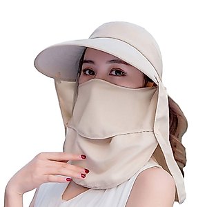Sun Hats for Women Wide Brim UV Protection Visor UPF 50+ Fishing Hats Foldable Ponytail Summer Hat with Detachable Flap Beige