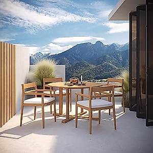 Oxford Garden Lido 5 Pc Teak Dining Set W/ 48 Inch Round Table in Natural/Bliss Linen