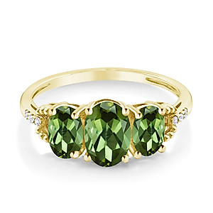 Gem Stone King 10K Yellow Gold Oval Green Tourmaline and Diamond 3 Stone Engagement Ring For Women (1.72 Cttw, Available In Size 5, 6, 7, 8, 9)