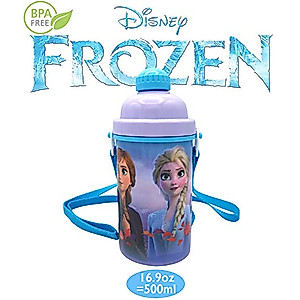 Zak Designs Disney Frozen One Touch Button Water Bottles with Reusable Built in Straw, Carrying Strap - Safe Approved BPA Free, Easy to Clean, for Kids Girls Boys, Goodies Home Travel