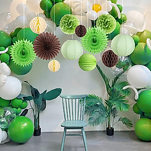 12Pcs Green and Brown Party Decorations Paper Tissue Pom Poms Honeycomb Balls Paper Fans Hanging Deco Green Lanterns for Jungle Safari Summer Birthday Wedding Party