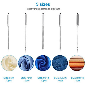 50PCS Sewing Machine Needles, Universal Sewing Needles for Singer, Brother, Bernina, Kenmore, Janome, Schmetz, Easy Thread with 2PCS Needle Threaders, Size 9 11 14 16 18