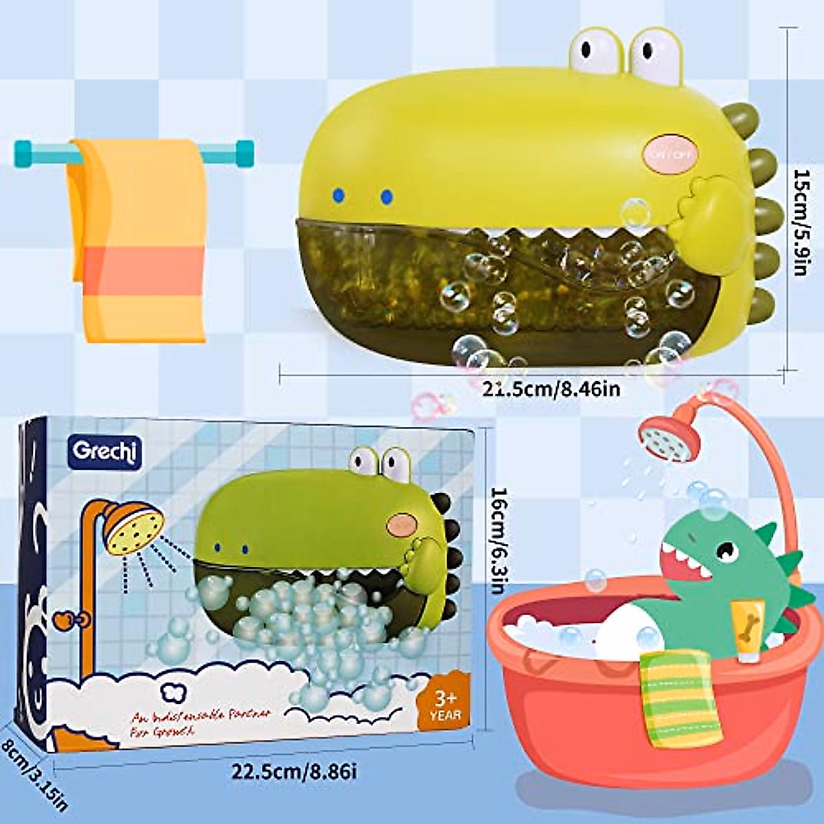 Grechi Dinosaur Bath Toys,Baby Bath Toys for The Baby Bathtub,Toddler Bath Toys Automatic Bubble Machine,Plays 12 Children’s Songs,Bath Toy Makes Great Gifts for Toddlers Age 2 3 Year Old Girl Boy