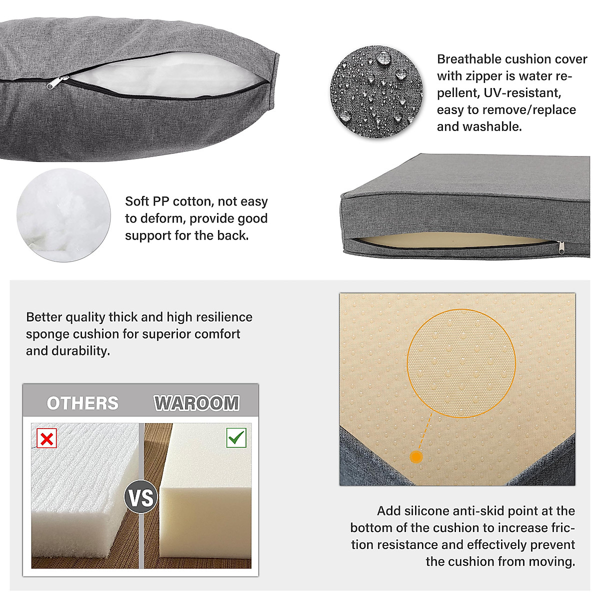 WAROOM Outdoor Sofa Wicker Patio Chairs Set of 2, Porch Single Chair Grey Rattan Deep Seating Armchair Balcony Furniture with Grey Cushion