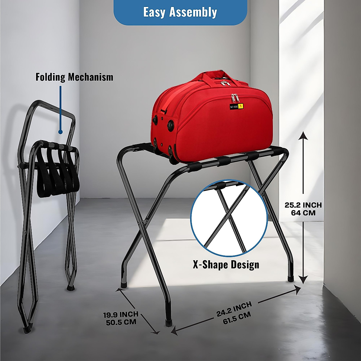 USTECH Luggage Rack-Single Tier, Black, Fully Asssembled, Folable Rack for Guest Room (Pack of 2)