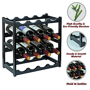 Homevany Bamboo Wine Rack, Sturdy and Durable Wine Storage Cabinet Shelf, Wine Racks Countertop for Pantry - 4 Tiers 16 Bottle Wine Rack Black