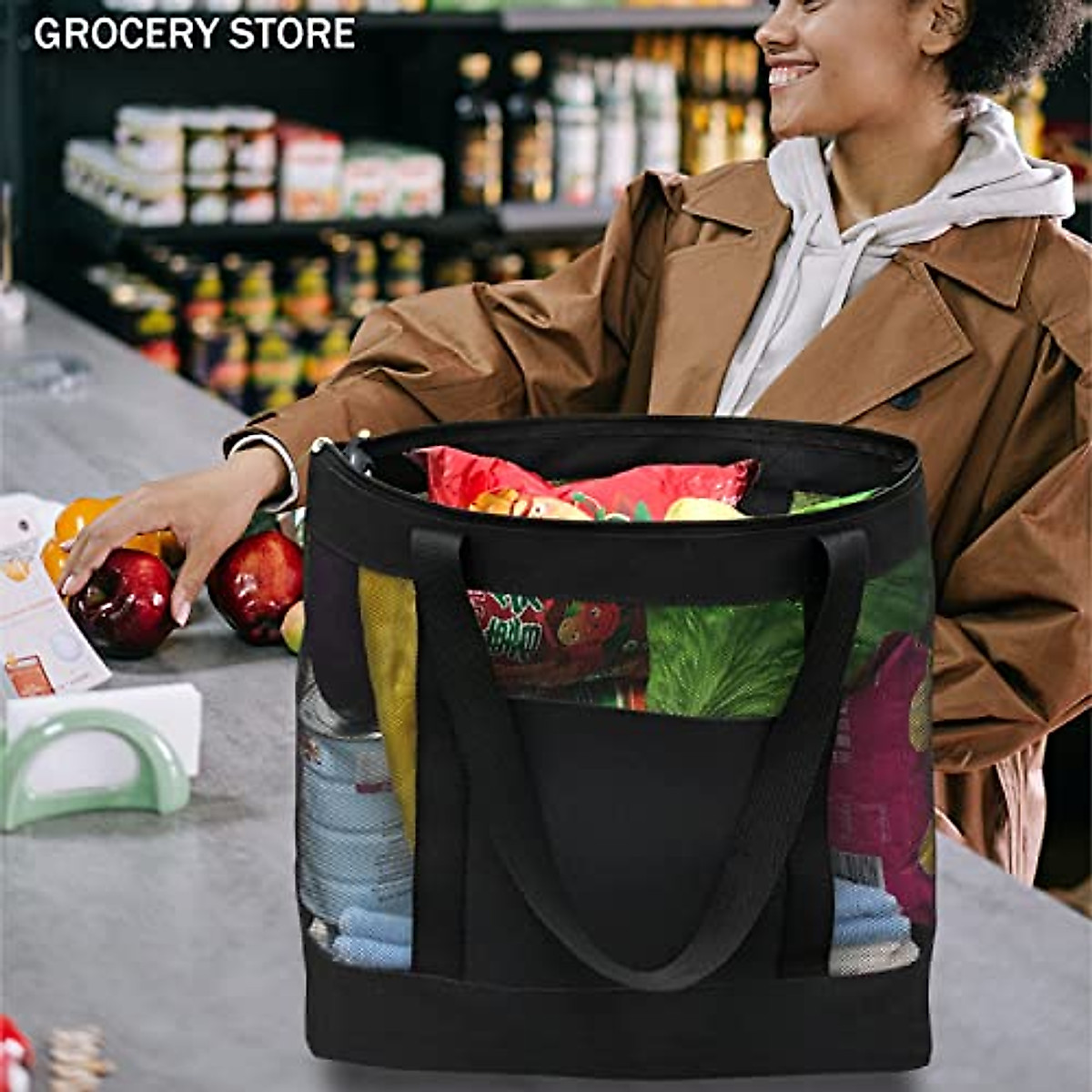 hsmyank 2Pack Lightweight Mesh Tote Bag,Sandproof Beach Bags with Zipper &Double Pocket For Groceries,Poolside,Travel,Toys,Gym (Black)