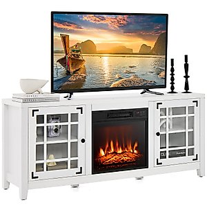 Tangkula Fireplace TV Stand for 65 Inches TVs, 58 Inch TV Console with Electric Fireplace Insert, Adjustable Shelves, Remote Control, 3-Level Flame Brightness, Entertainment Center for Living Room