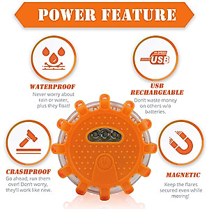 Ecoangel USB Rechargeable LED Road Flares Emergency Lights-Roadside Warning Car Safety Beacon Flashing Disc Flare Kit with Magnetic Base for Vehicles & Boat | 3 Beacon Disc Pack