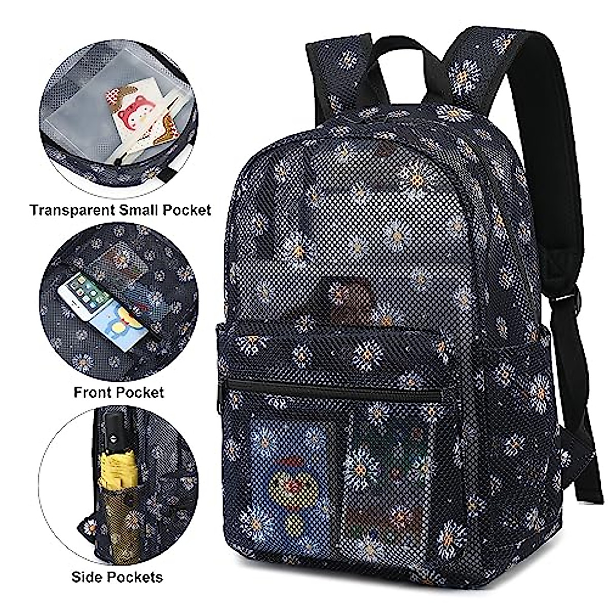 Kouxunt Daisy Mesh Backpack for Girls Women, See Through Casual School College Student Bookbag (Black)