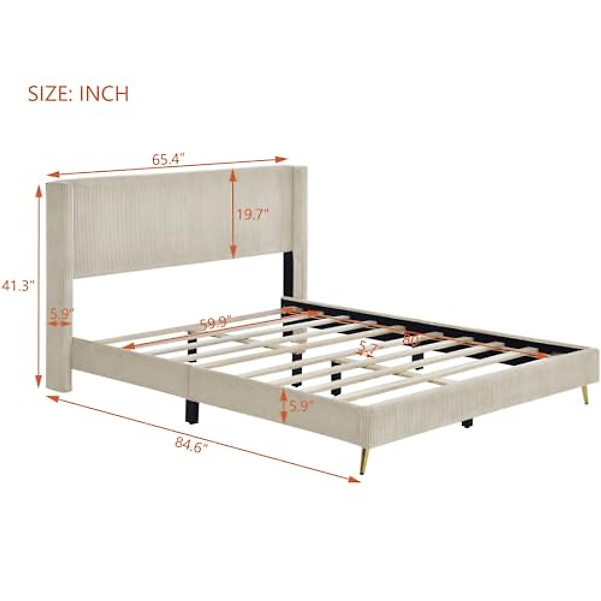 Queen Size Platform Bed Corduroy Upholstered Platform Bed with Wingback Headboard Queen Bed Frame with Metal Legs and Strong Wooden Slats, No Box Spring Needed, Noise Free, Easy Assembly, Beige