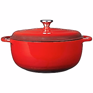 Lodge 7.5 Quart Enameled Cast Iron Dutch Oven with Lid – Dual Handles – Oven Safe up to 500° F or on Stovetop - Use to Marinate, Cook, Bake, Refrigerate and Serve – Island Spice Red