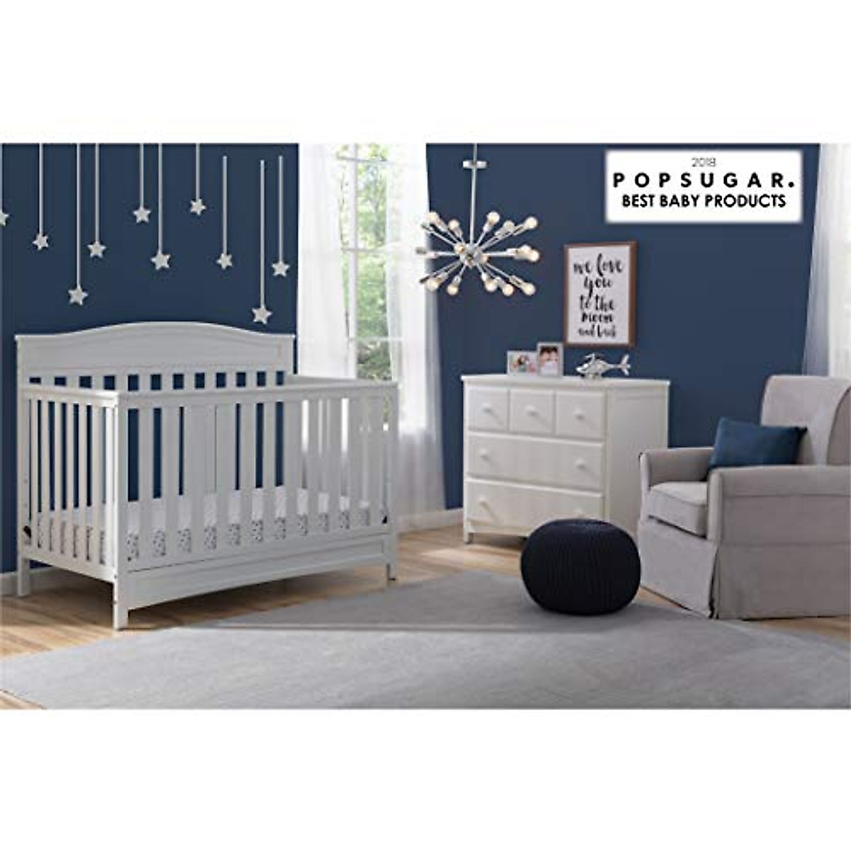 Delta Children Emery 4-in-1 Crib, White with Twinkle Stars Crib & Toddler Mattress