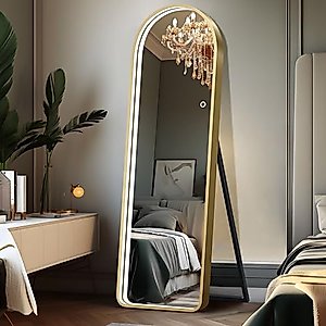 SDHYL Arched Full Length Mirror with Lights, 64"x20" LED Mirror Full Length with Stand, Full Body Mirror with Touch Button and Plug, Dimmable Brightness Dressing Mirror for Living Room, Gold