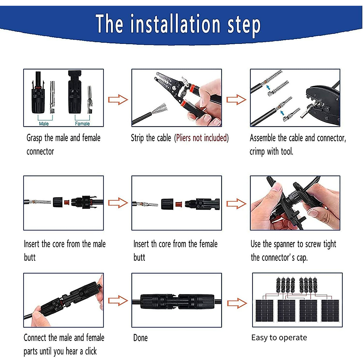 QeeHeng Crimping Tool Kit Compatible with Solar Cable Connector,6 Pairs Solar Panel Connectors, 1 Crimper Tool,2pcs Spanner Wrench