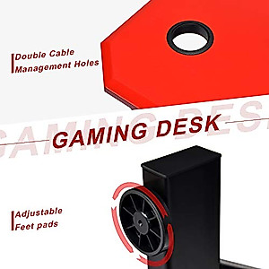POWERSTONE Gaming Desk - Computer Desk 47" with Cup Holder Audio Stands Headphone Hook and 2 Cable Management Holes Large Gamer Workstation for Kids Adults, Z-Shaped, Red