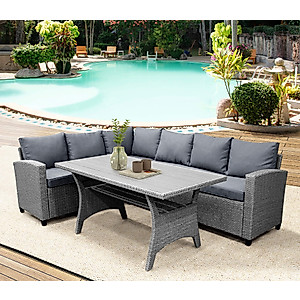 DHPM Patio PE Wicker Furniture Set Outdoor Brown Rattan Sectional Conversation Sofa Chair with Table & Soft Cushions, Gray