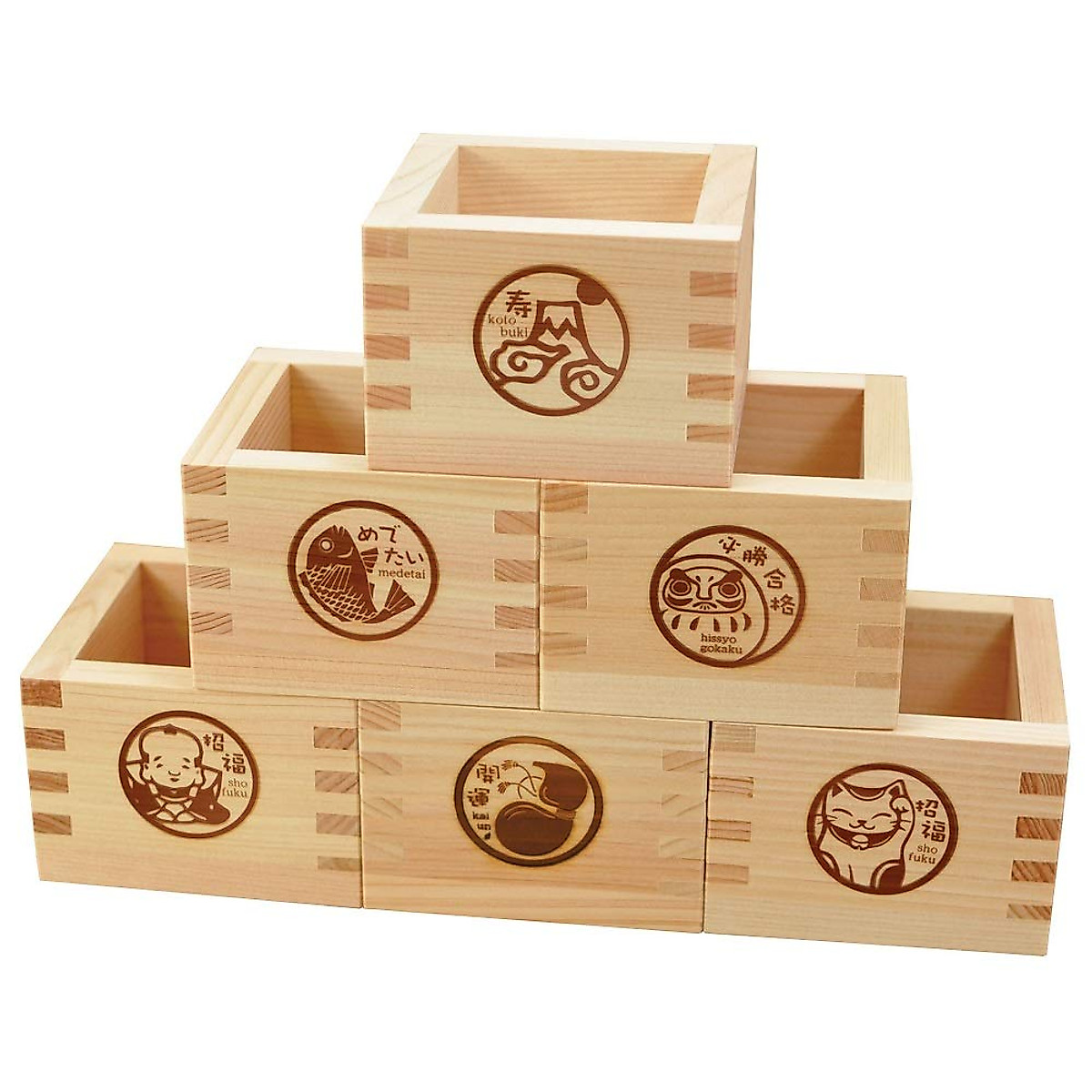 EDOYA Hinoki Wood Sake Cups (Set of 2) Japanese Box Masu with Japanese Lucky Brand (Long Life Fuji)
