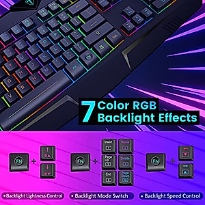 Dacoity Gaming Keyboard, Full Size RGB Backlit Quiet Computer Keyboard, Wrist Rest, Silent Keys, Multimedia Keys, Anti-ghosting, Waterproof Light Up USB Wired Keyboard for PC Mac Xbox Gamer Office