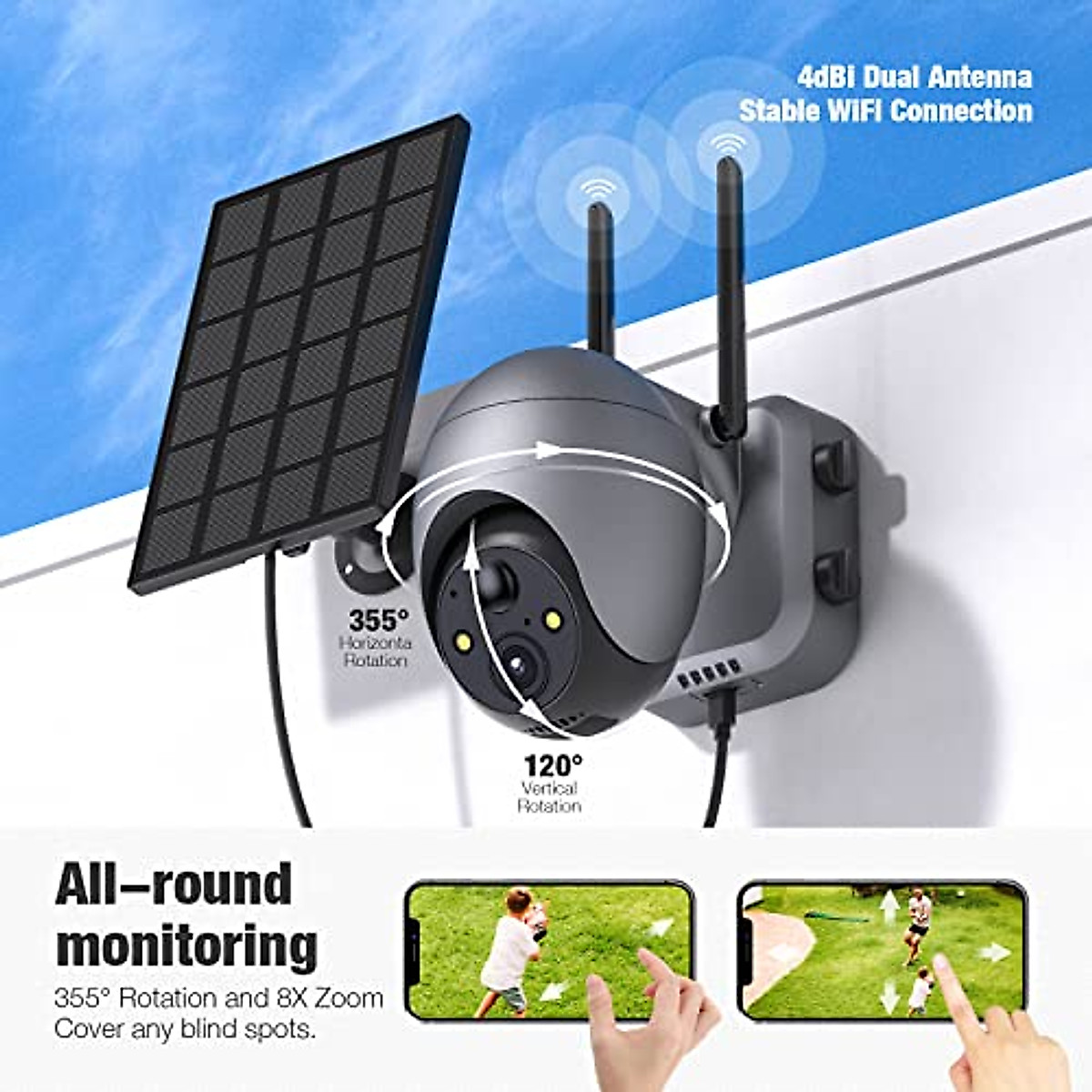 Wireless Security Camera Outdoor, 2K Solar Powered WiFi Cameras, Rechargeable Solar Outdoor Camera with PIR Motion Detection, 2-Way Audio, IP65 Waterproof, Spotlight & Siren, Color Night Vision