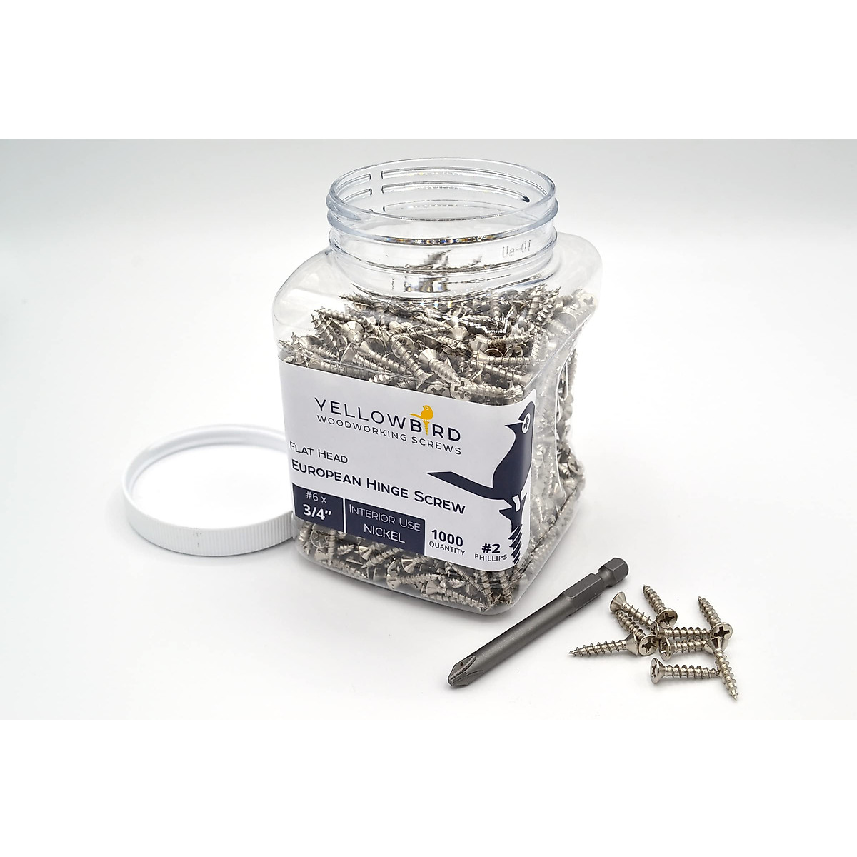 Yellowbird #6 x 3/4" European Concealed Hinge Screw - Flat Head Phillips - Nickel Wood - Bit Included - 1000 Ct.