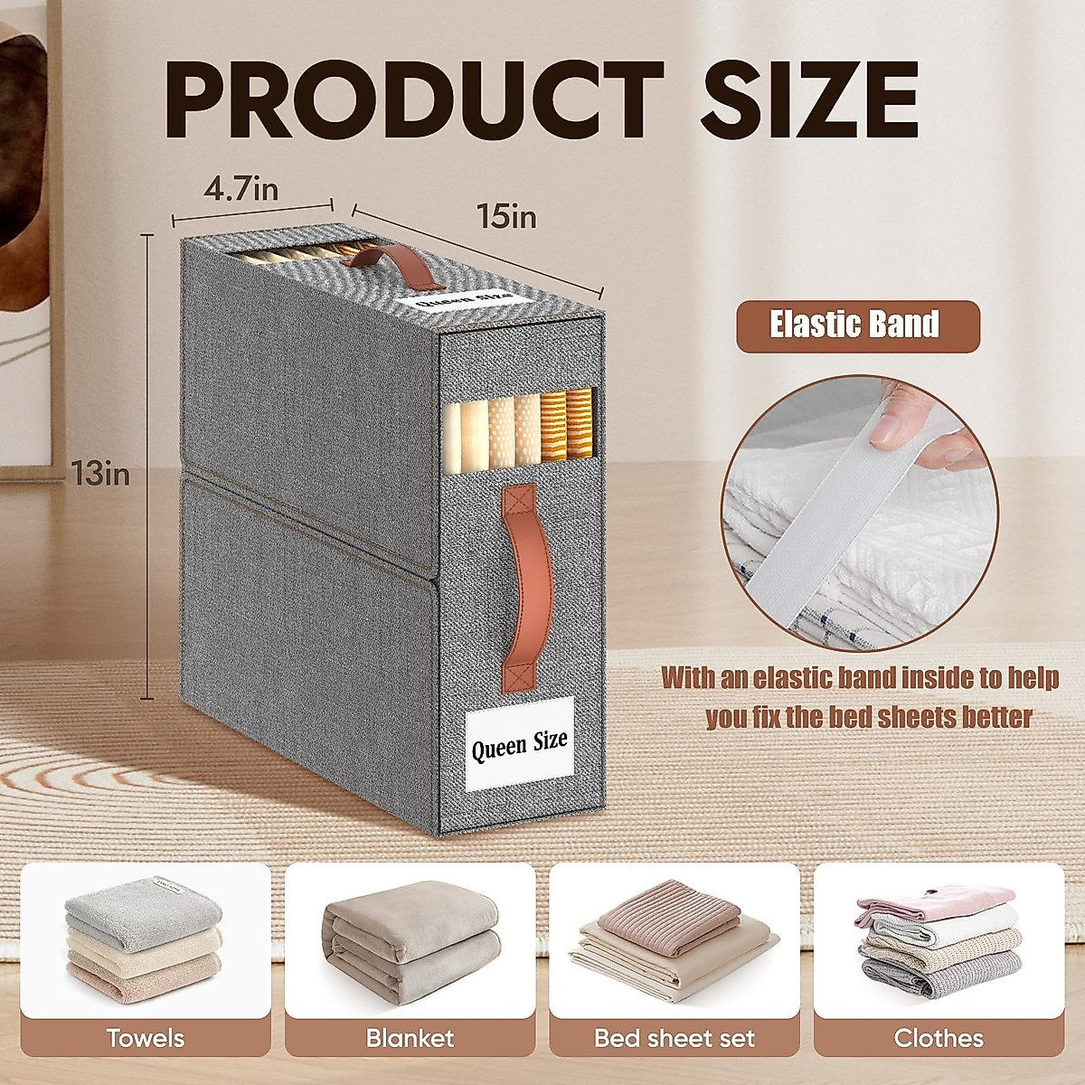 Joymeezo 4 Pack Grey Bed Sheet Organizer, Bedding Sheets Set (Queen & King) Storage Box with a Band, 2 Windows & 2 Handles, Foldable Linen Sheet Storage Container for Closet Organizing