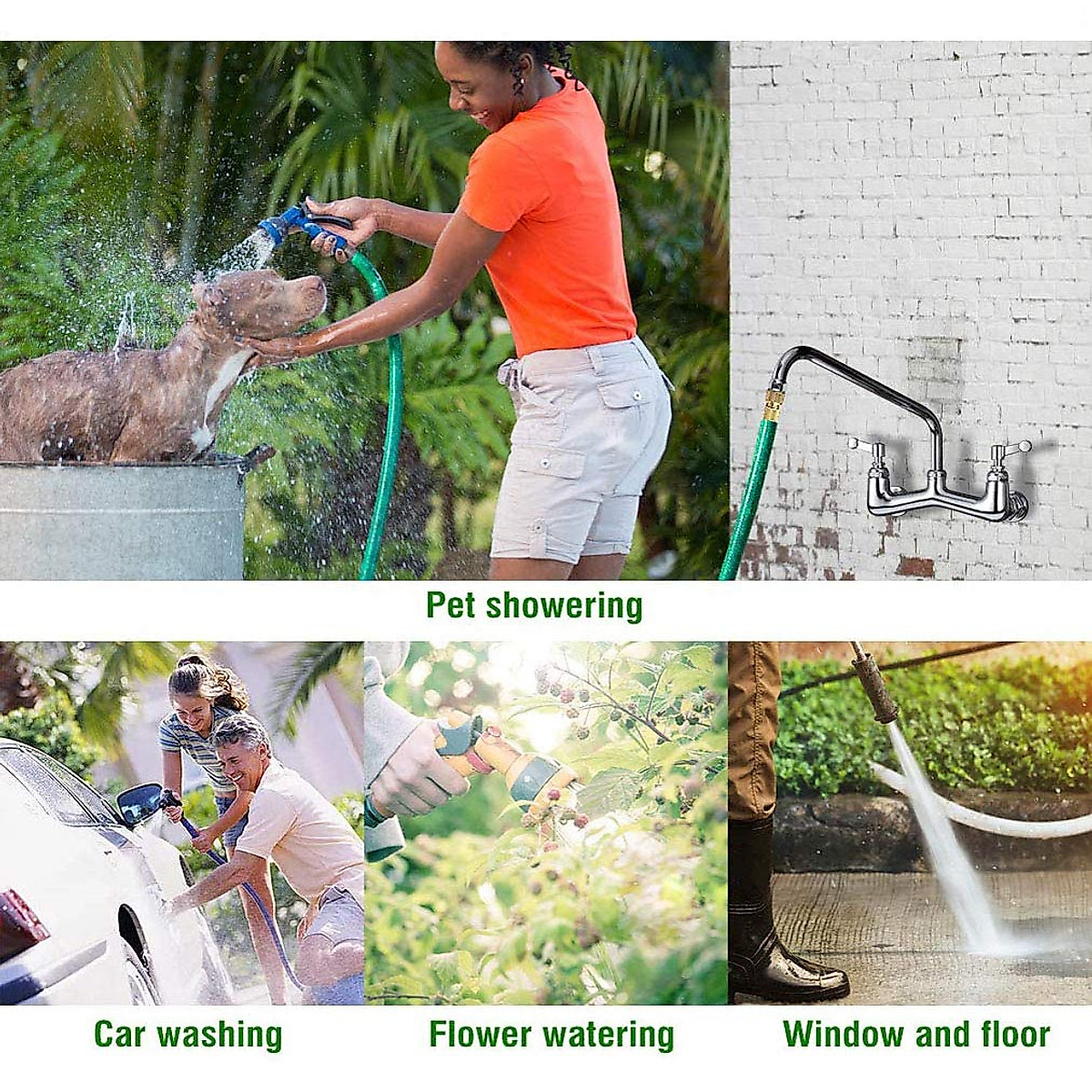 JZBRAIN 8 Inch Center Commercial Faucet Wall Mount Kitchen Faucet with Swing Spout, Heavy Duty Wall Mount Faucets Brass Chrome Brushed Wall Mounted Kitchen Sink Faucets (8 inch center,14 inch spout)