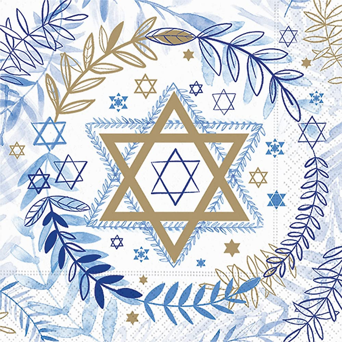 Decorative Paper Napkins Disposable for Jewish Holidays, Hanukkah Party, Passover Seder, Bar Mitzvah, Bat Mitzvah, Wedding, Stars Gold and Blue Dessert, Lunch 6.5" x 6.5" Pak 40