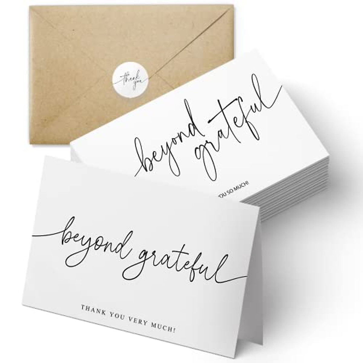Beyond Grateful Thank You Cards | Bulk Pack of 100 with Kraft Envelopes and Matching Stickers, 4x6 Inch Minimalistic Design | Suitable for Business, Baby Shower, Wedding, Graduation, Bridal Shower, Funeral