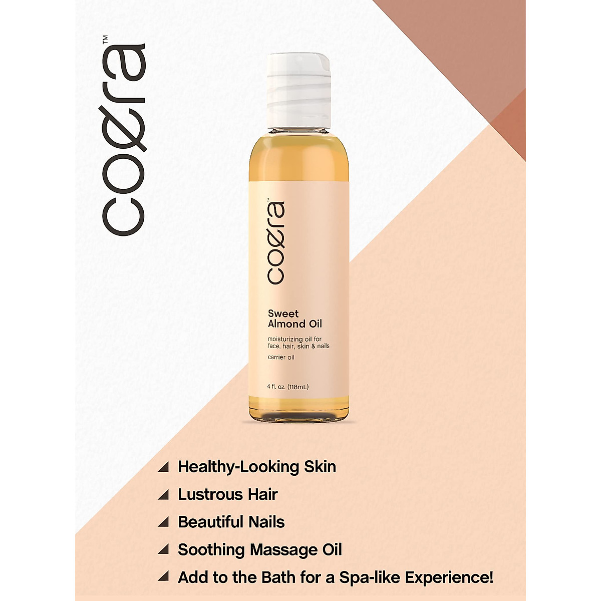 Coera Sweet Almond Oil for Face, Hair, Skin & Nails | 4 fl oz | Cold Pressed | Carrier Oil | Free of Parabens, SLS, & Fragrances
