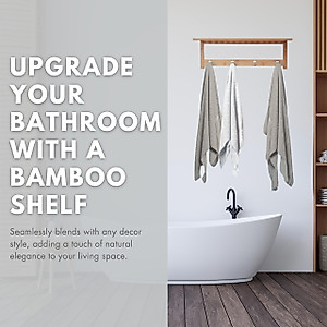 ToiletTree Products 100% Bamboo Wooden Natural Shelf with 4 Stainless Steel Hooks