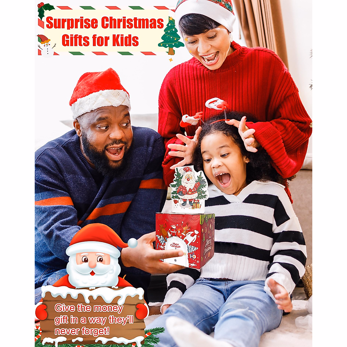 Thosefun Christmas Party Favors Money Box for Cash Gift Pull, THOSEFUN Surprise Box Gift Box for Money with 50 Bags, Money Gift Boxes for Cash Gift Ideas for Women Kids Girls Boys (Santa Tree)