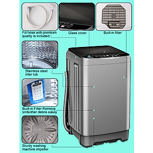 KRIB BLING Full Automatic Washing Machine with LED Display, 25 lbs Portable Washer Drain Pump, Come with a Glass Cover, 8 Programs & 8 Water Levels Selections, Ideal for Camping, Apartment, Dorm, Grey