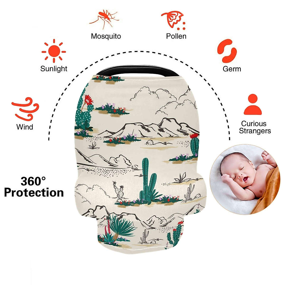 Blueangle Desert Cactus Baby Car Seat Cover Canopy Stretchy Soft Nursing Breastfeeding Cover Multi-Use Breathable Stroller Cover