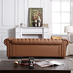 FANYHOME Futon Bed Designs Faux Leather Upholstered 3-Seater Living Room Button and Copper Nail on Arms, Classic Chesterfield Sofa, Brown