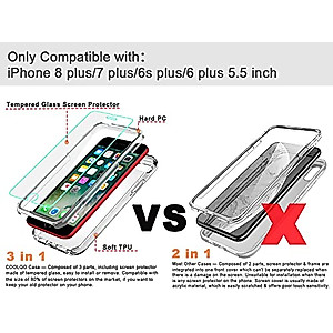 COOLQO Compatible for iPhone 8 Plus/iPhone 7 Plus/iPhone 6S/6 Plus Case, with [2 x Tempered Glass Screen Protector] Clear 360 Full Body Coverage Hard PC+Soft Silicone TPU 3in1 Phone Protective Cover