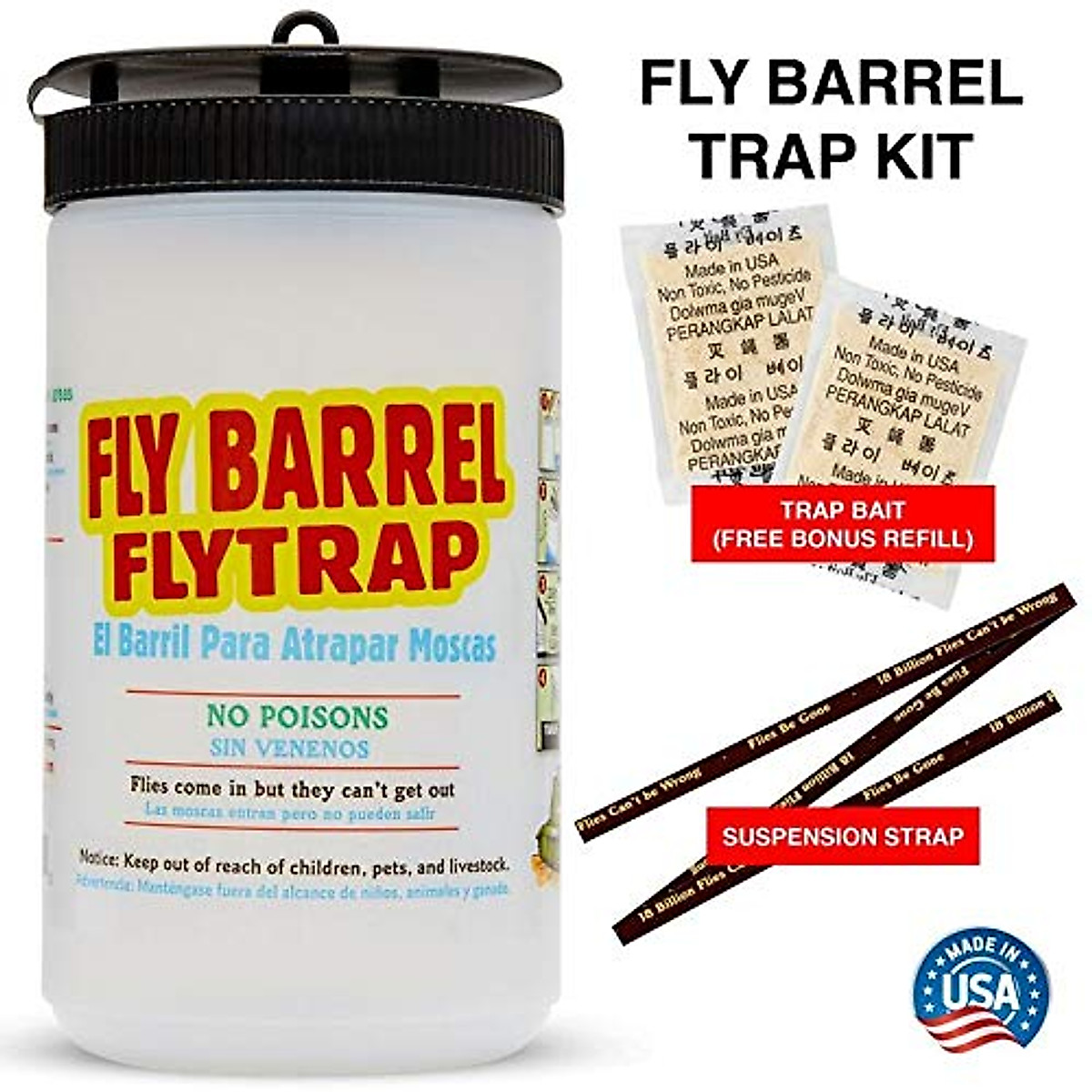 Flies Be Gone Barrel Fly Trap - Reusable Container with Patent Pending Screw Lid – 2 Non-Toxic, Poison and Pesticides Free KM34 Fly Attractant Packs - for Outdoor Home and Commercial Use