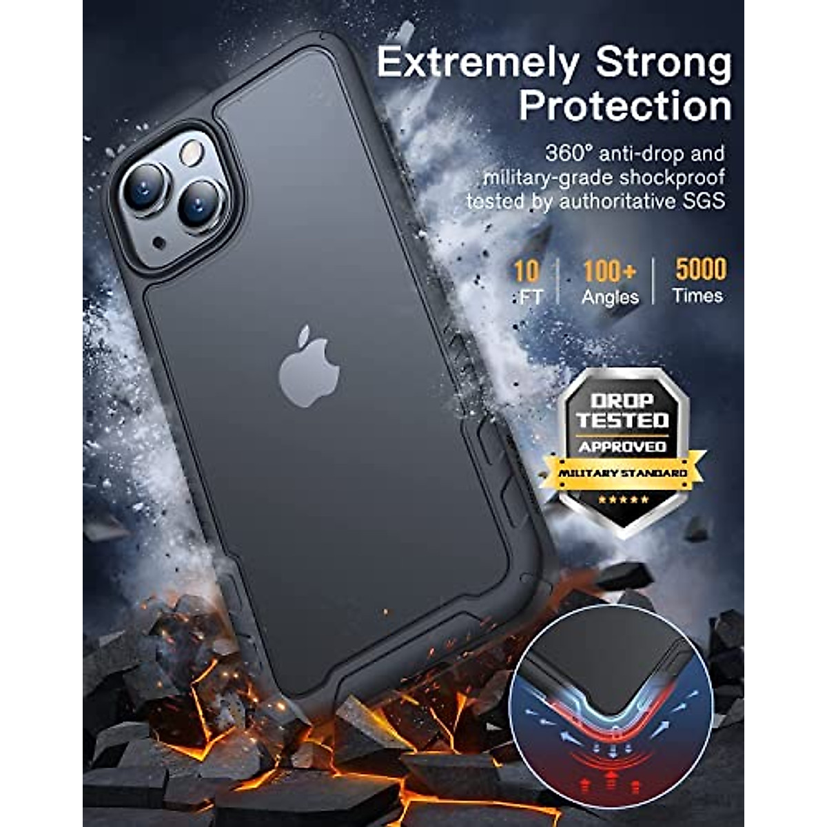 Humixx Designed for iPhone 13 Case & iPhone 14 Case [10FT Military Grade Drop Protection] [Anti-Scratch & Anti-Fingerprint] Shockproof Translucent Matte Back with Soft Bumper Protective Case, Black