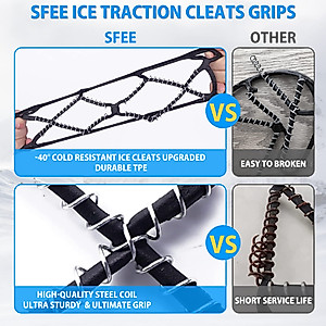 Sfee Ice Cleats Ice Grippers for Shoes and Boots, Crampons Traction Cleats for Walking on Snow and Ice Anti-Slip Flexible Footwear Snow Grips for Walking Climbing Hiking Jogging with 2 Straps